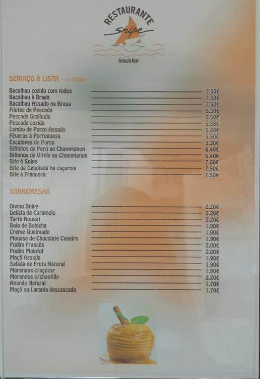 Menu at Snipe restaurant, Porto