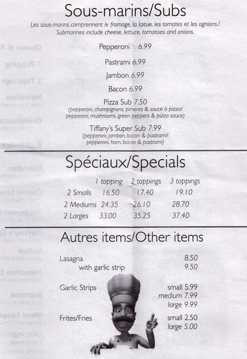 Menu at Tiffany's Pizza pizzeria, Embrun