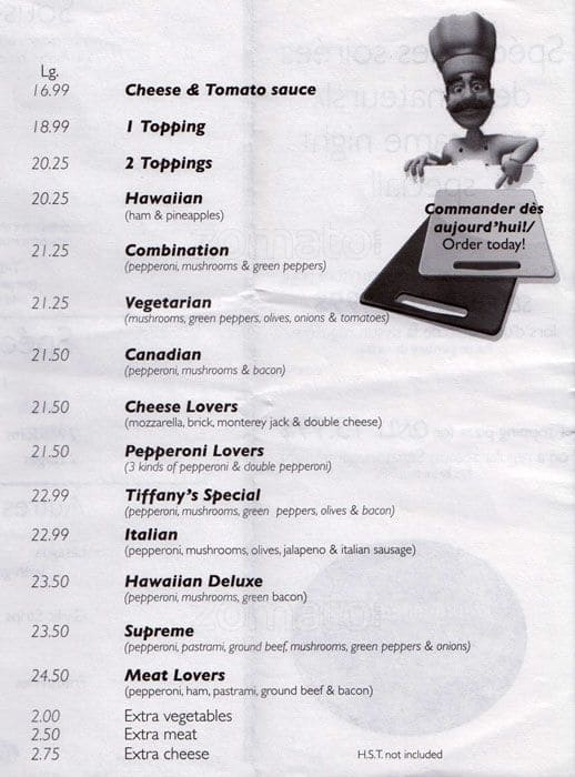 Menu at Tiffany's Pizza pizzeria, Embrun
