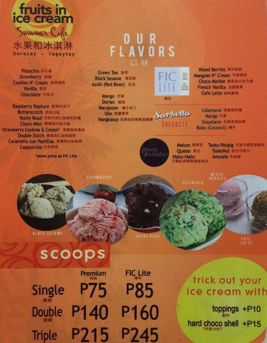 Menu at Fruits In Ice Cream desserts, Calamba
