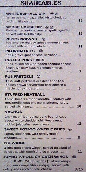 Menu at Pig Iron Public House, Cranberry Township