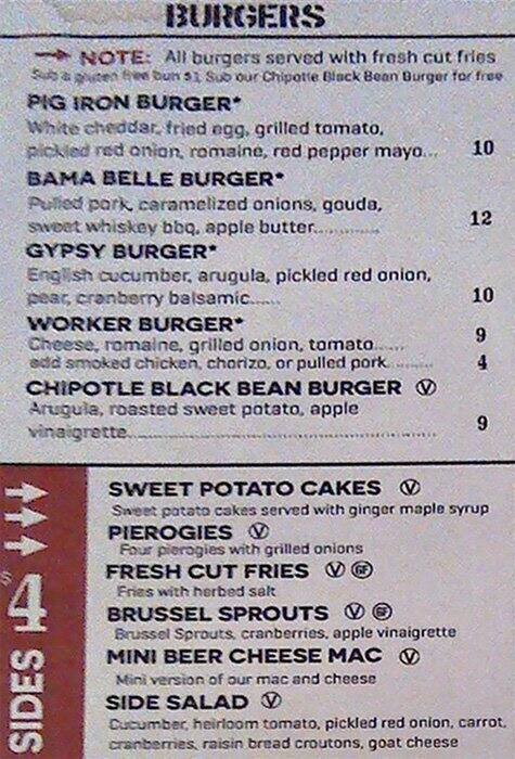 Menu at Pig Iron Public House, Cranberry Township