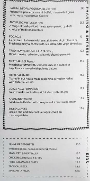 Menu at VIA CONDOTTI restaurant, Balwyn North