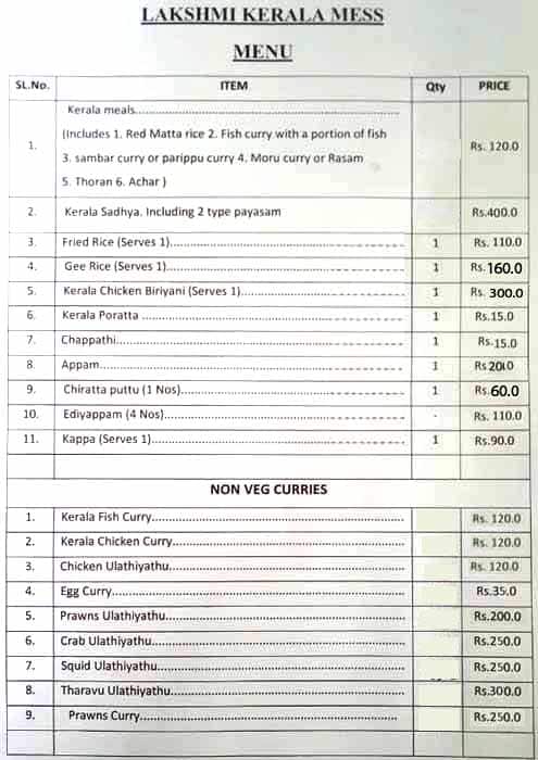Menu of Lakshmi Kerala Mess, Balanagar, Hyderabad