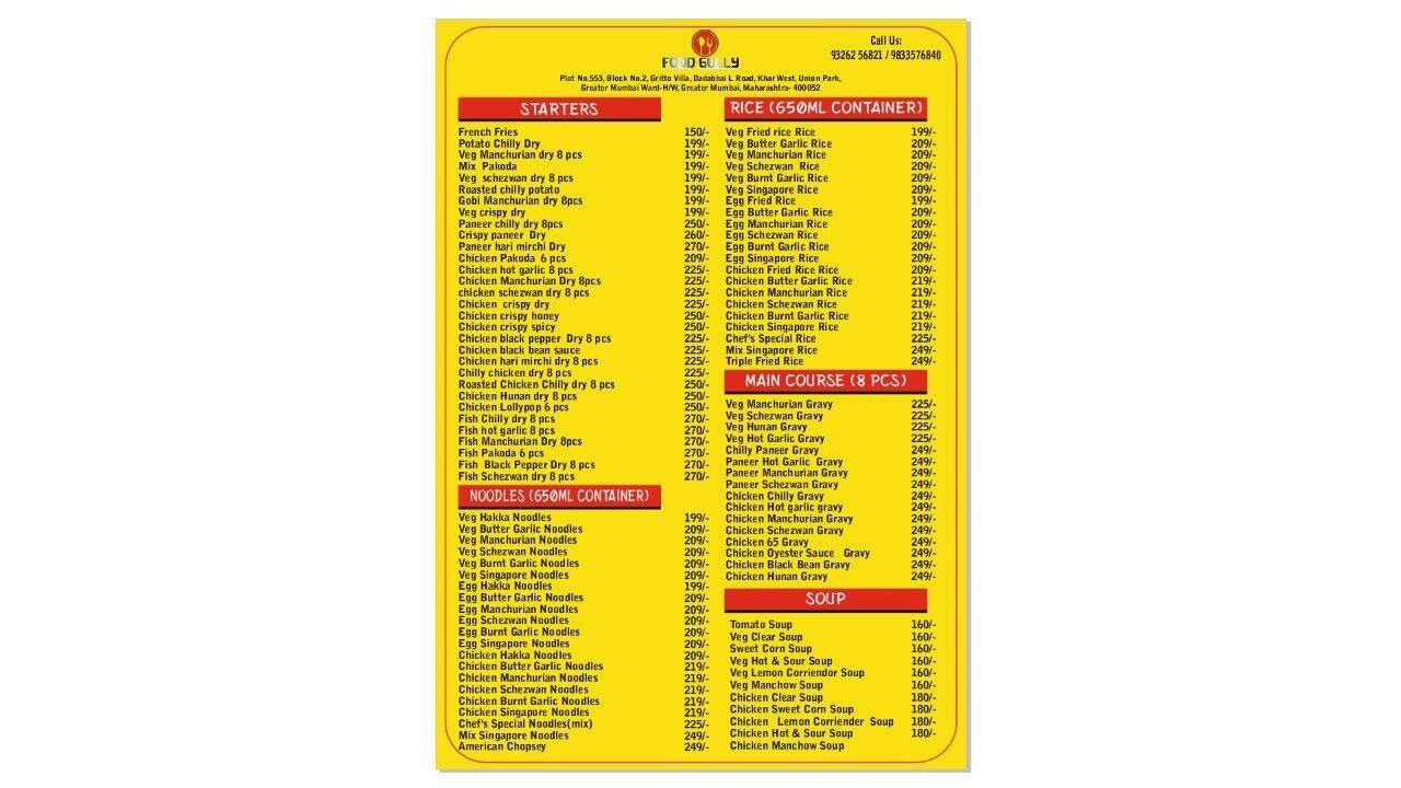 Menu of Foodgully 9, Linking Road, Bandra West, Mumbai