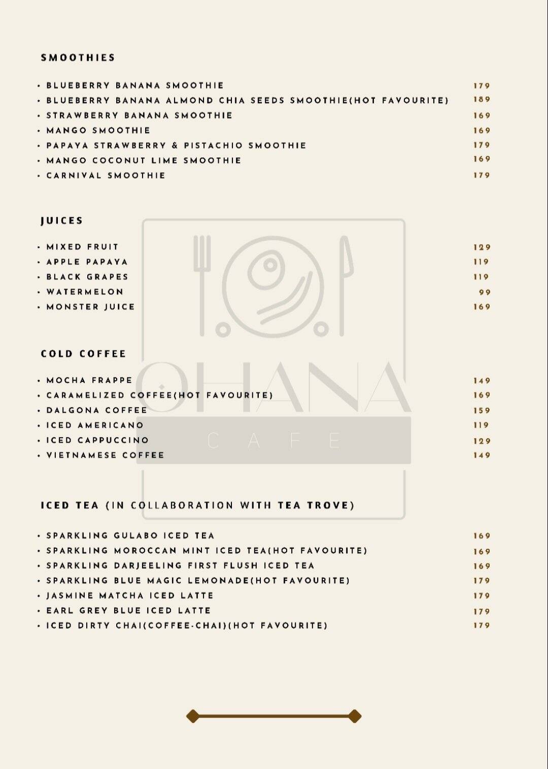 Menu at Café Ohana, Kolkata