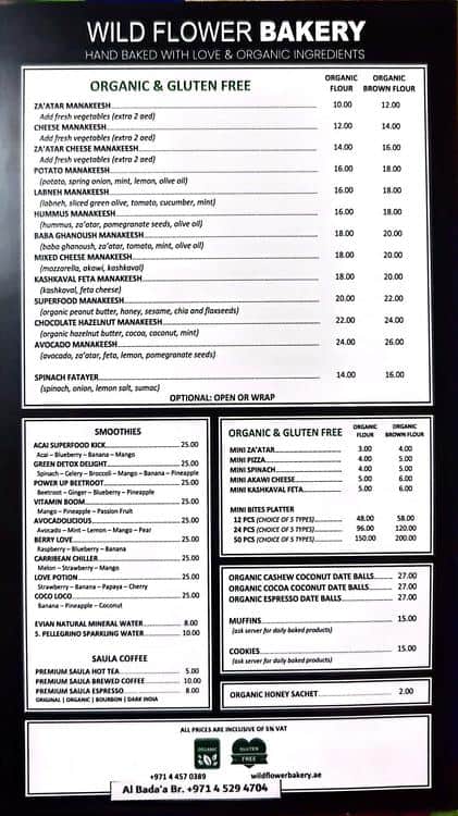 Menu of Wild Flower Bakery, Al Satwa, Dubai