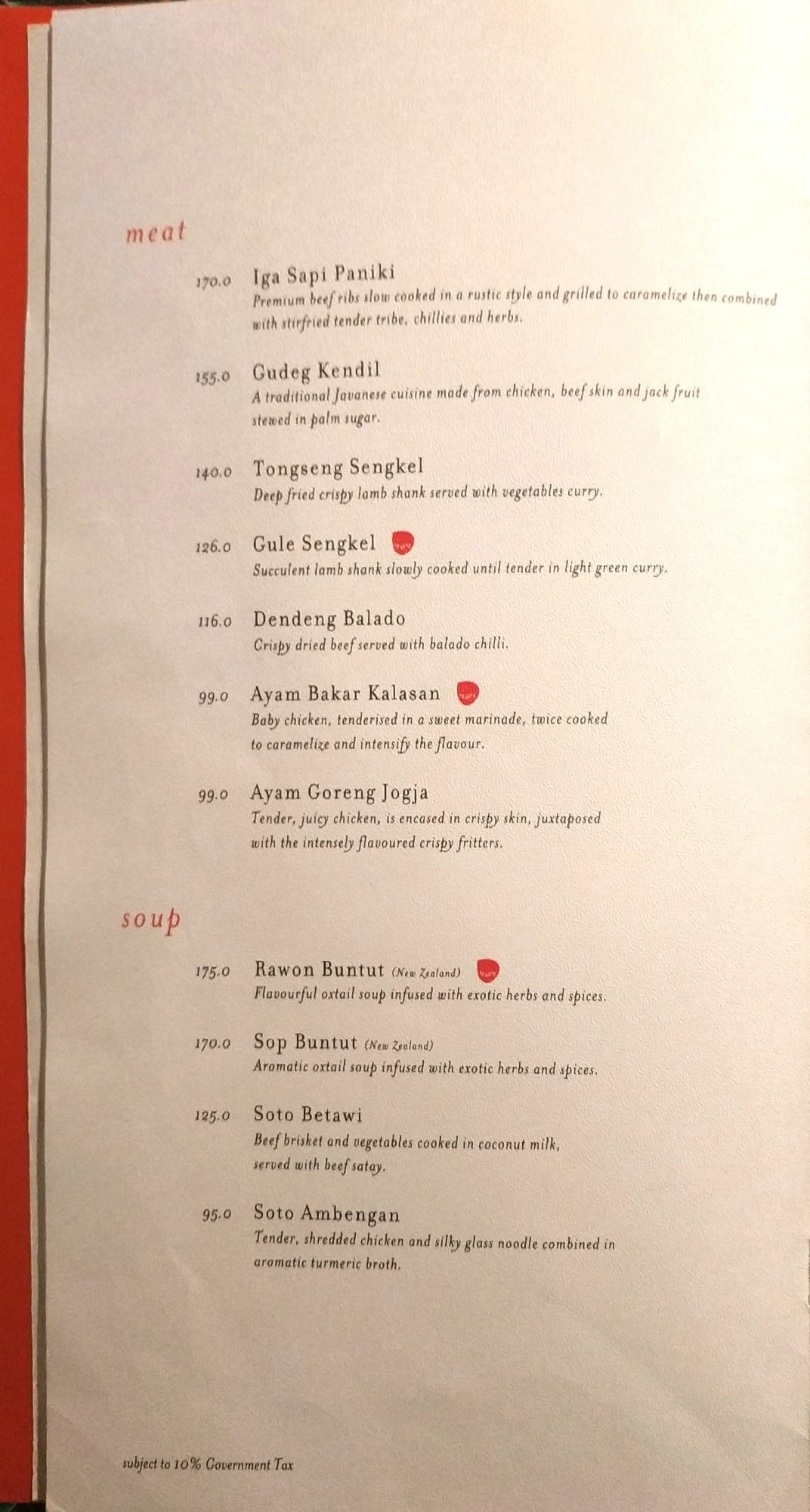Menu at TeSaTe Grand Indo restaurant, Jakarta