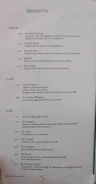 Menu at TeSaTe Grand Indo restaurant, Jakarta