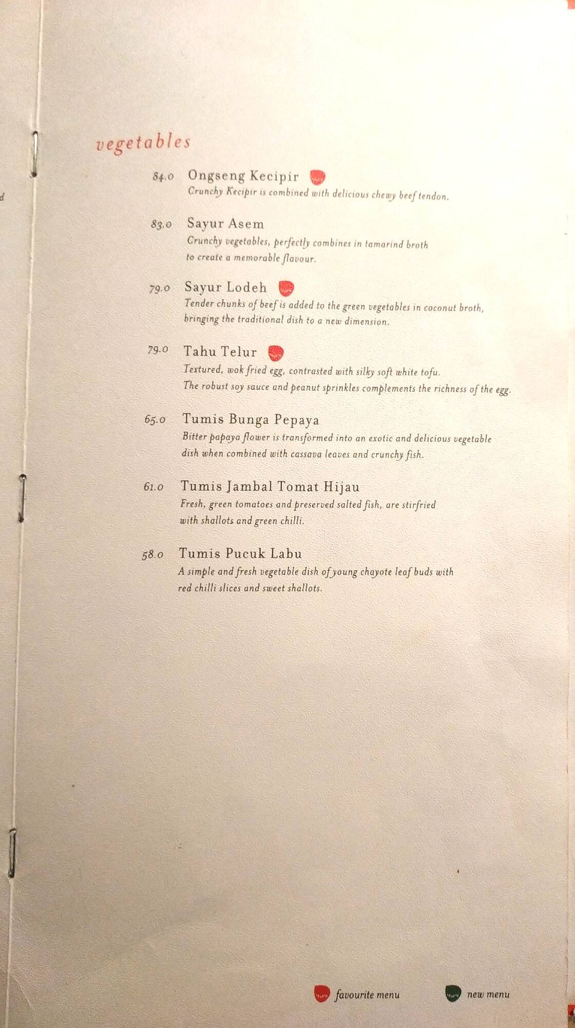 Menu at TeSaTe Grand Indo restaurant, Jakarta
