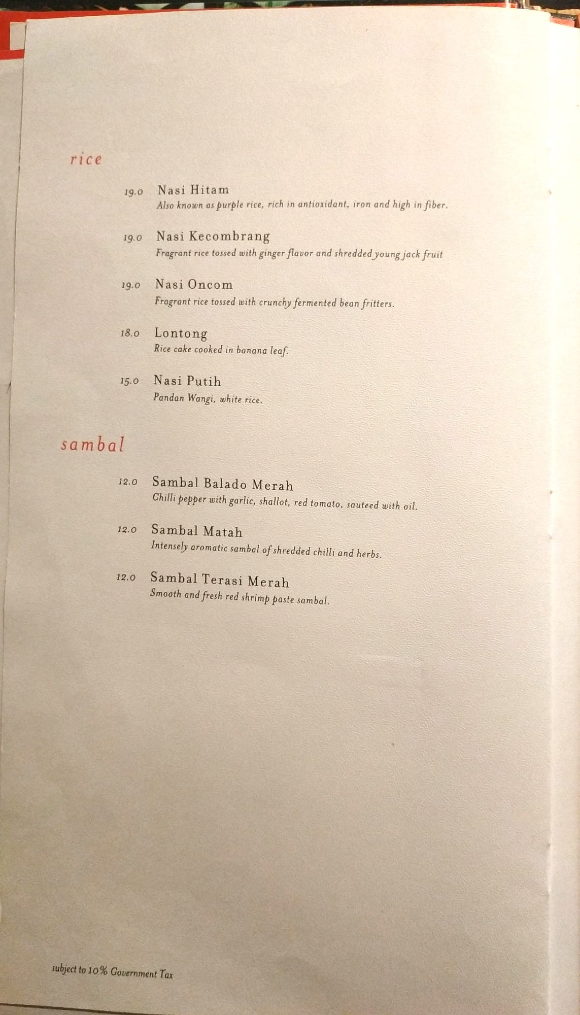 Menu at TeSaTe Grand Indo restaurant, Jakarta