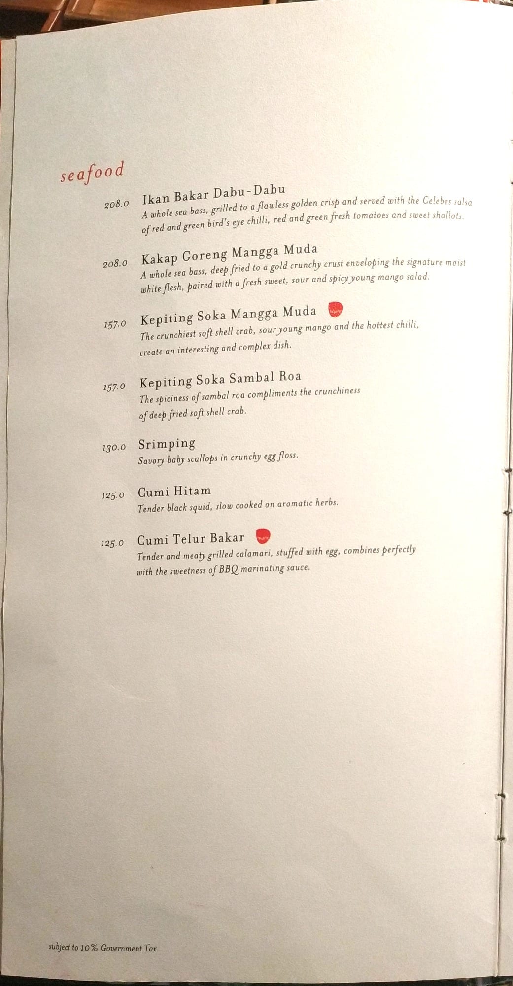 Menu at TeSaTe Grand Indo restaurant, Jakarta