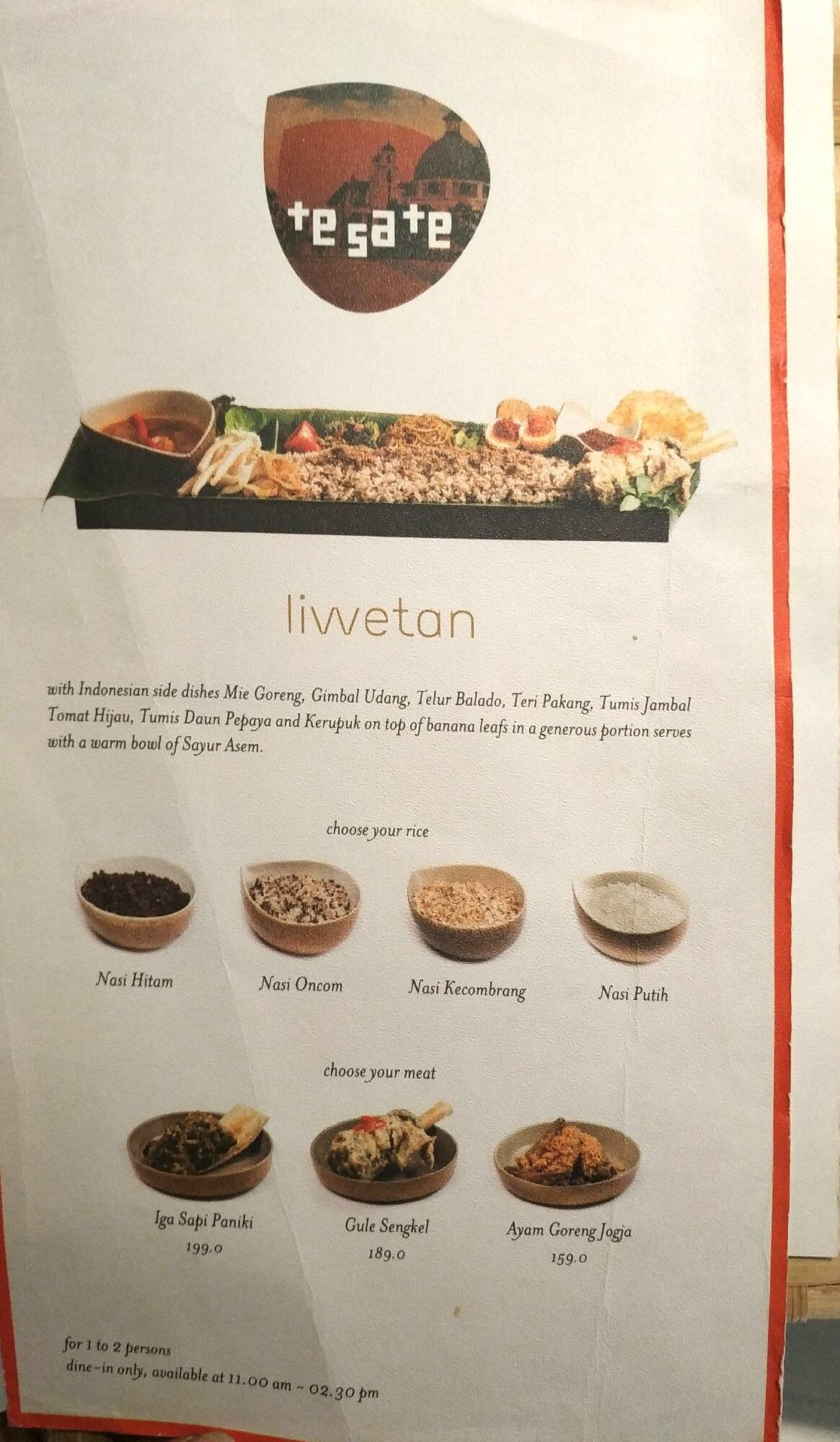 Menu at TeSaTe Grand Indo restaurant, Jakarta