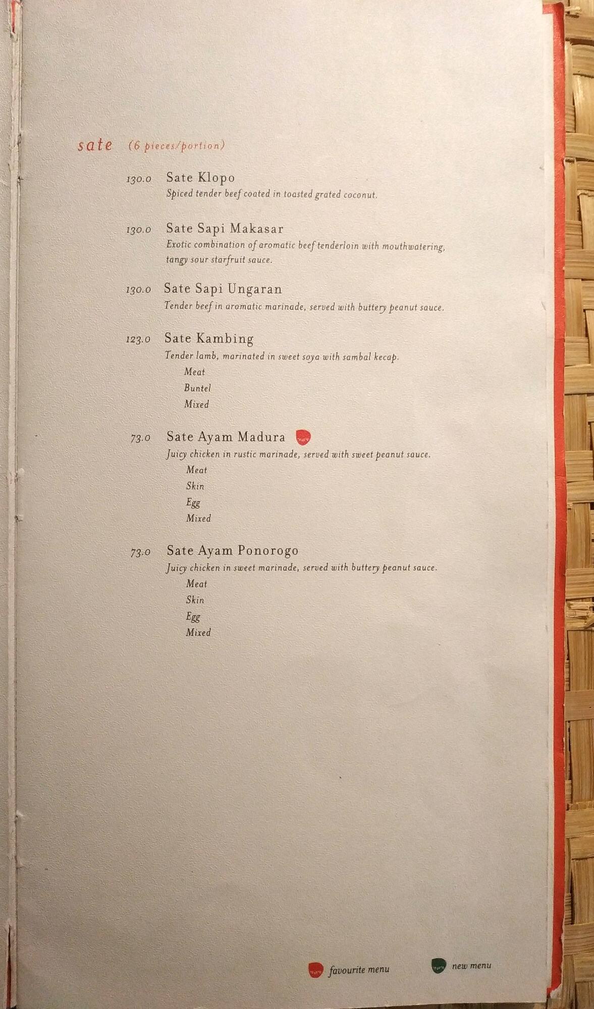 Menu at TeSaTe Grand Indo restaurant, Jakarta