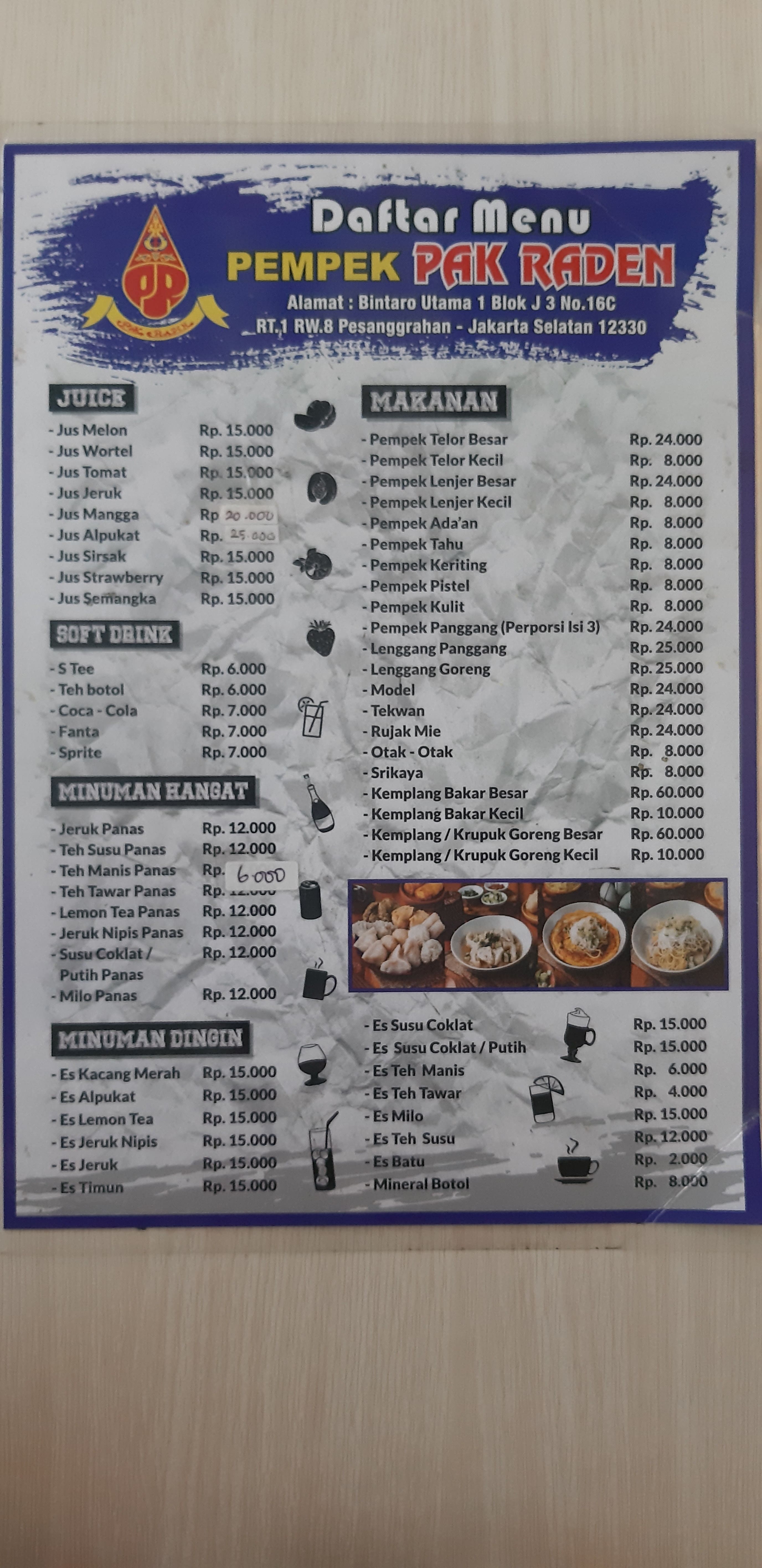 Menu at Pondok Pak Raden Sunter restaurant, North Jakarta, Ruko Sunter ...