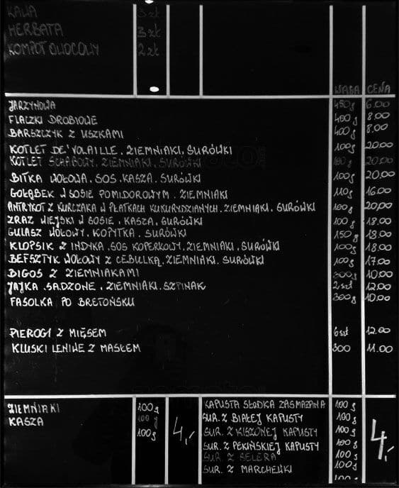 Menu at Bar Kubuś, Warsaw