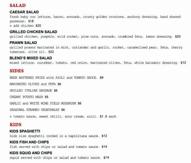 Menu at Blend Cafe and Pizza Bar, Melville