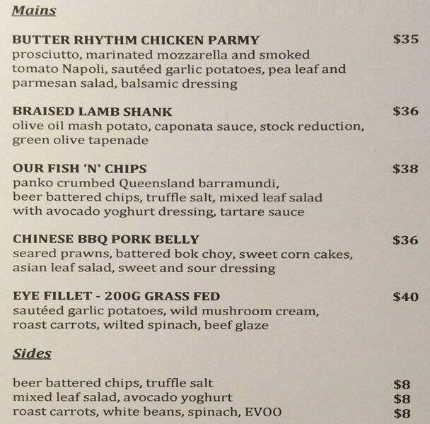 Menu at Butter Rhythm restaurant, Biggera Waters