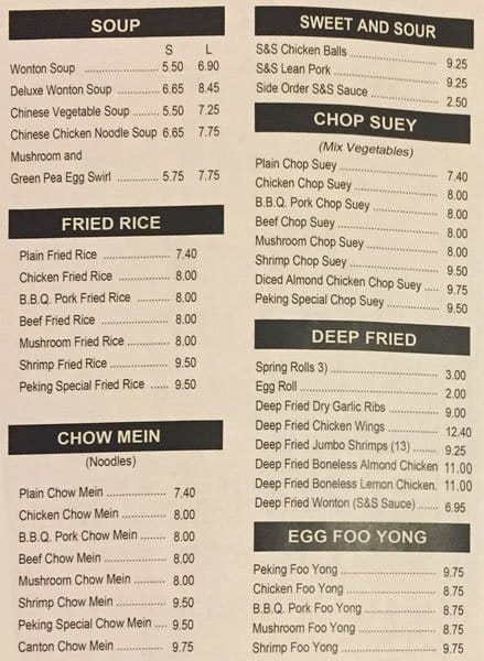 Menu at Peking Restaurant, Saskatoon