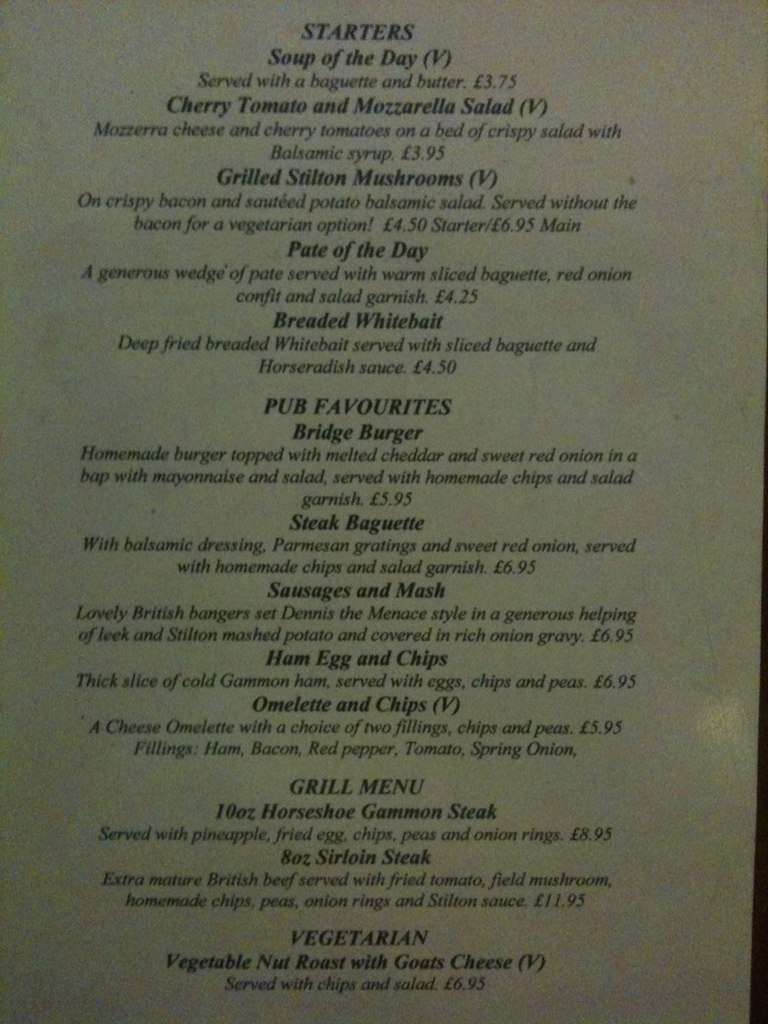 Menu at the Bridge pub & bar, Shelsley Kings
