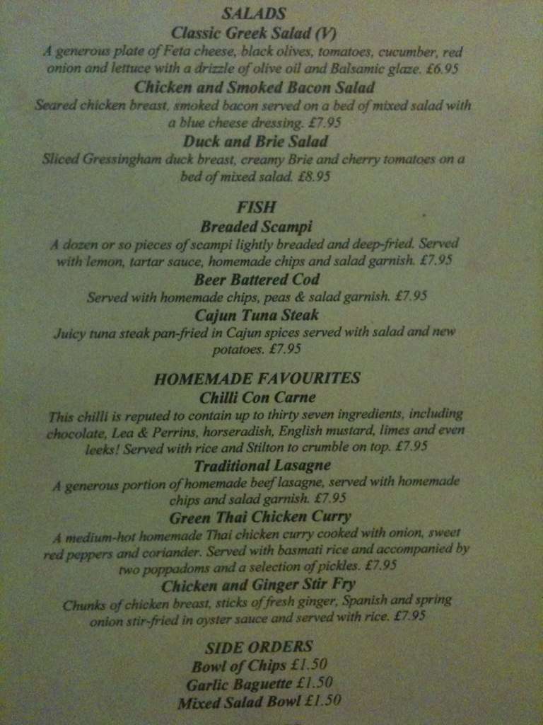 Menu at the Bridge pub & bar, Shelsley Kings