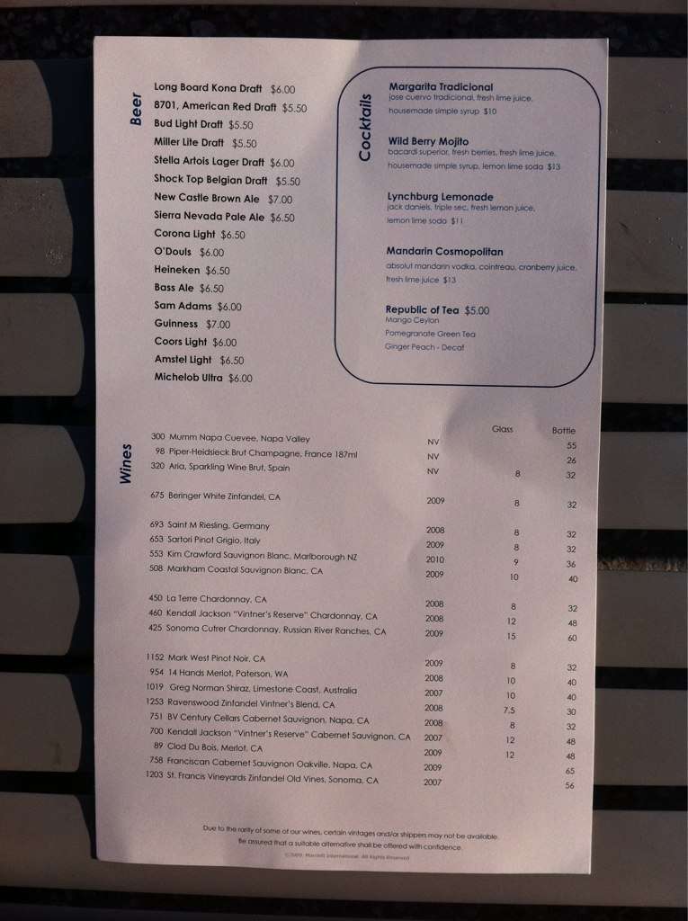 Menu at Solaris restaurant, Orlando