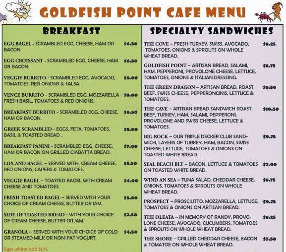 Menu at Gold Fish Point Cafe, San Diego