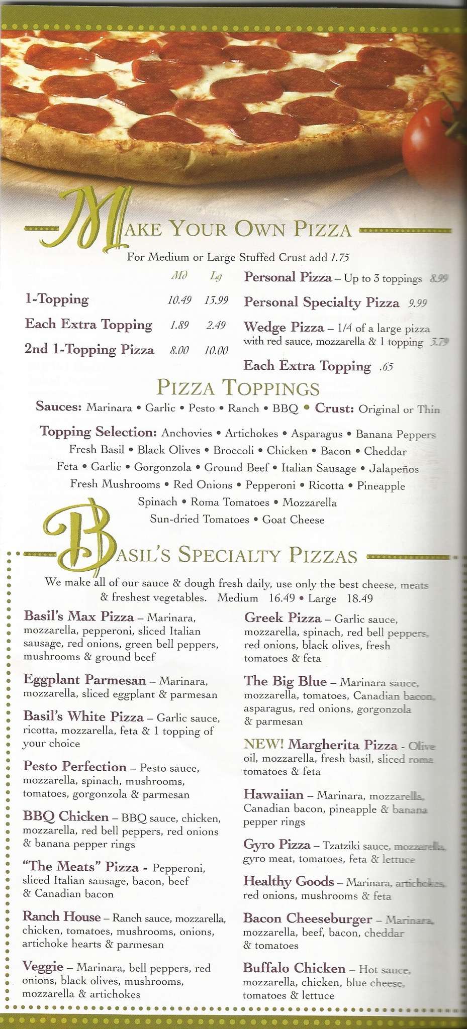 Menu at Basils Pizza & Deli pizzeria, Savannah, 216 Johnny Mercer Blvd