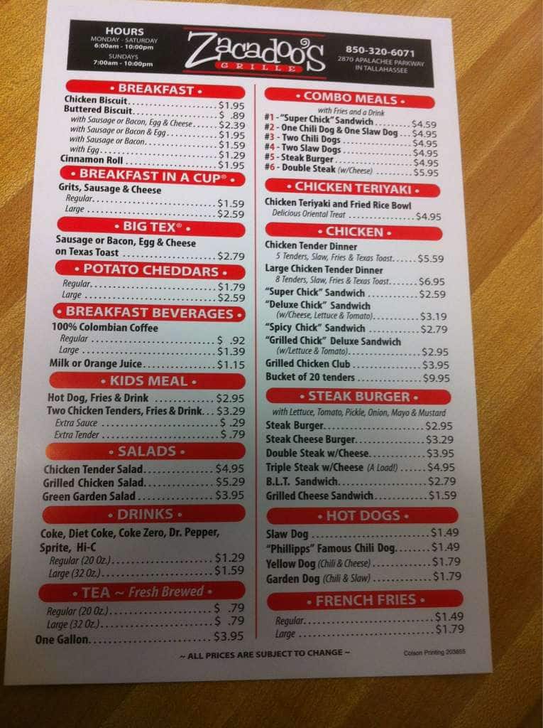 Zacadoo's Grille Menu, Menu for Zacadoo's Grille, Tallahassee ...