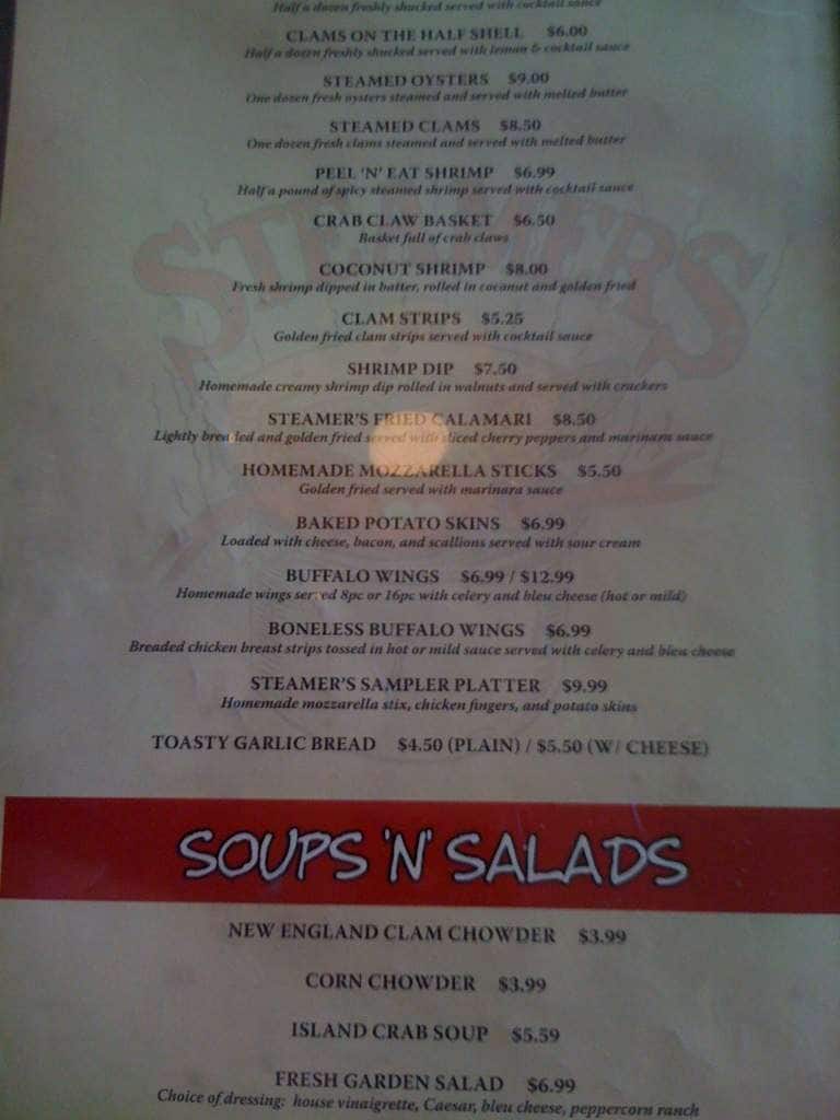 Menu at Steamers Seafood Restaurant, Chincoteague Island