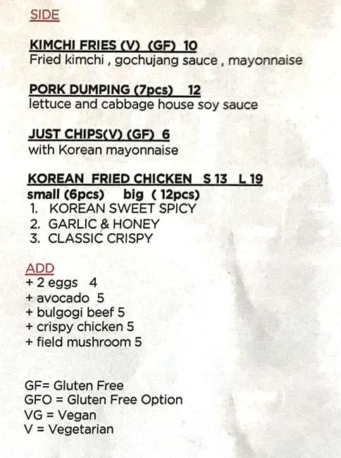Menu at NOM NOM KOREAN restaurant, Brisbane City