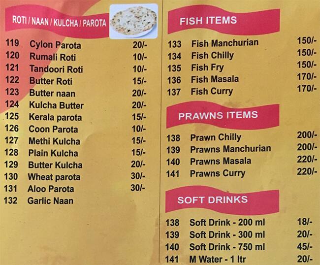 Menu at Sultan palace Darbar restaurant, Bengaluru