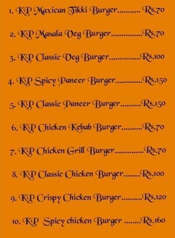 Menu of KP Burger, Viman Nagar, Pune