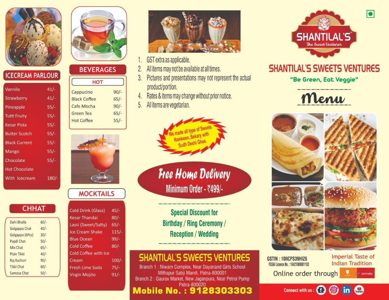 Menu at Shantilal's Sweet, Patna