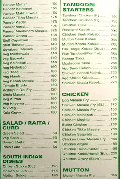 Menu of Prakashanand, Dadar East, Mumbai