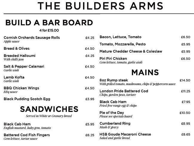 Menu at The Builders Arms pub & bar, Croydon, 65 Leslie Park Road