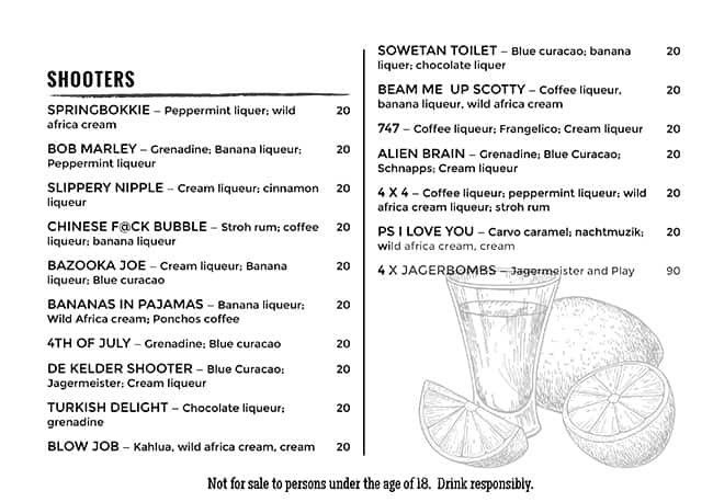 Menu at De Kelder, Cape Town, Vodacom Golf Village