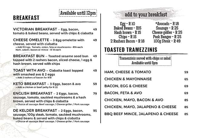 Menu at De Kelder, Cape Town, Vodacom Golf Village