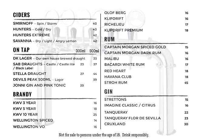 Menu at De Kelder, Cape Town, Vodacom Golf Village