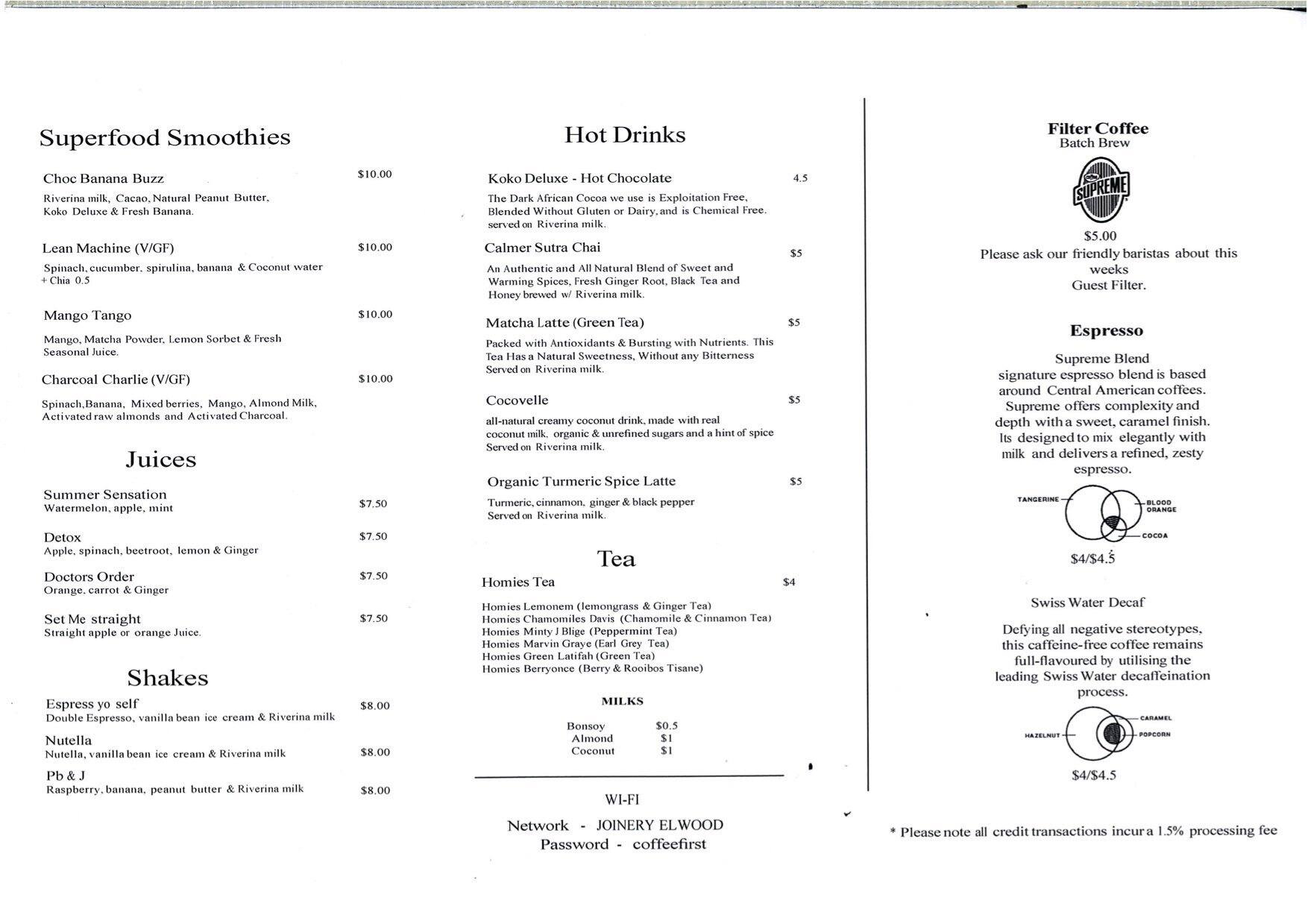 Menu at The Joinery cafe, Elwood