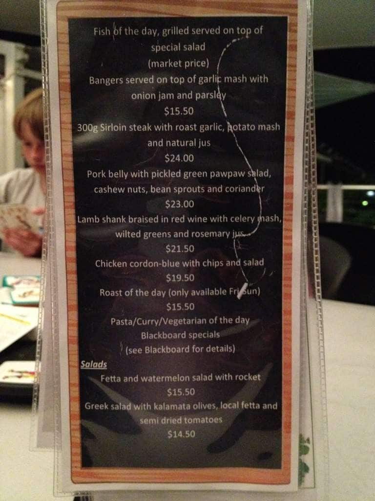 Menu at Tin Shed restaurant, Port Douglas