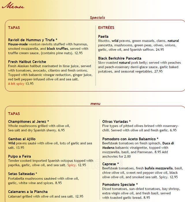 Menu at Pomodoro Ristorante Italiano restaurant, Seattle