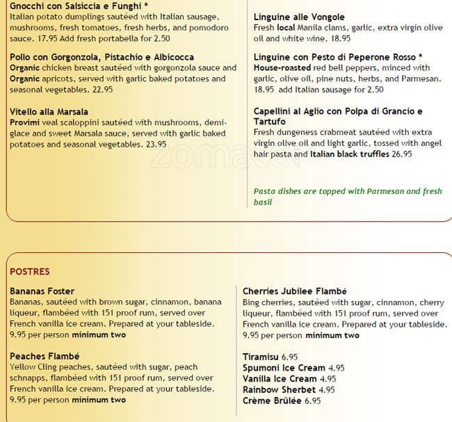 Menu at Pomodoro Ristorante Italiano restaurant, Seattle