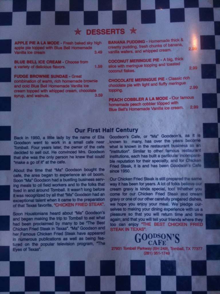 Menu at Goodson's Cafe, Tomball, Tomball Pkwy