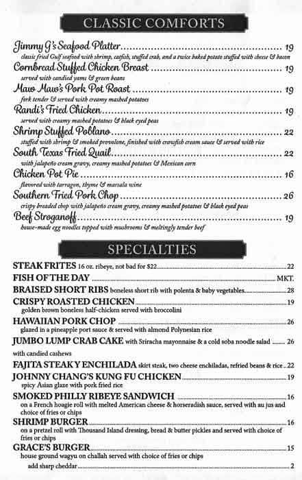 Menu at Grace's restaurant, Houston