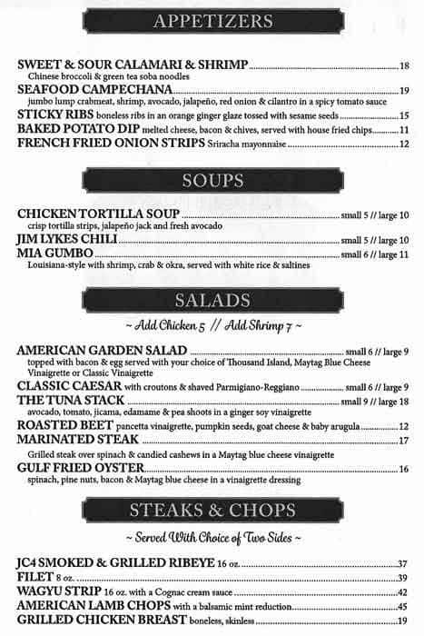 Menu at Grace's restaurant, Houston