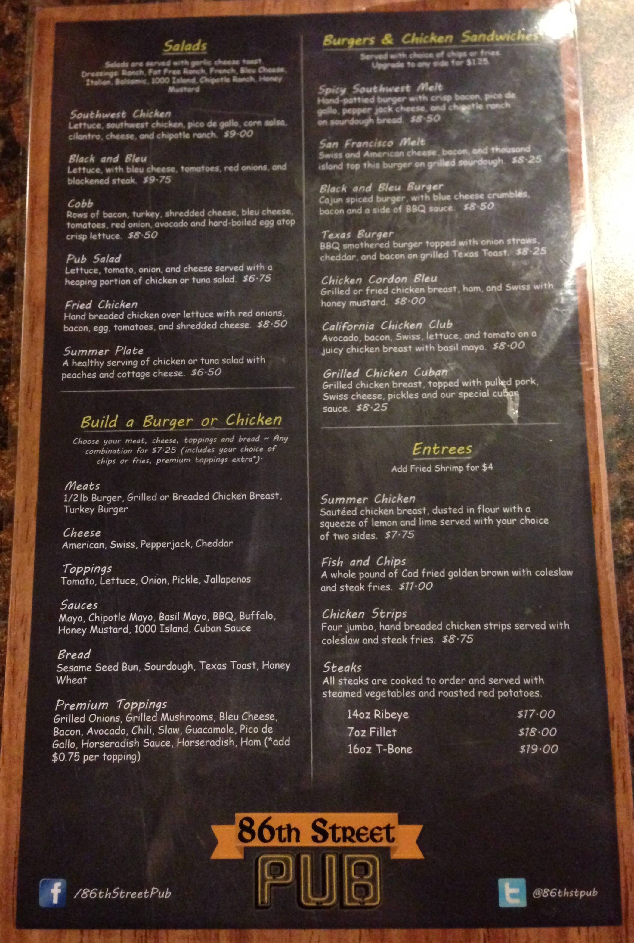 Menu at 86th Street Pub, Indianapolis
