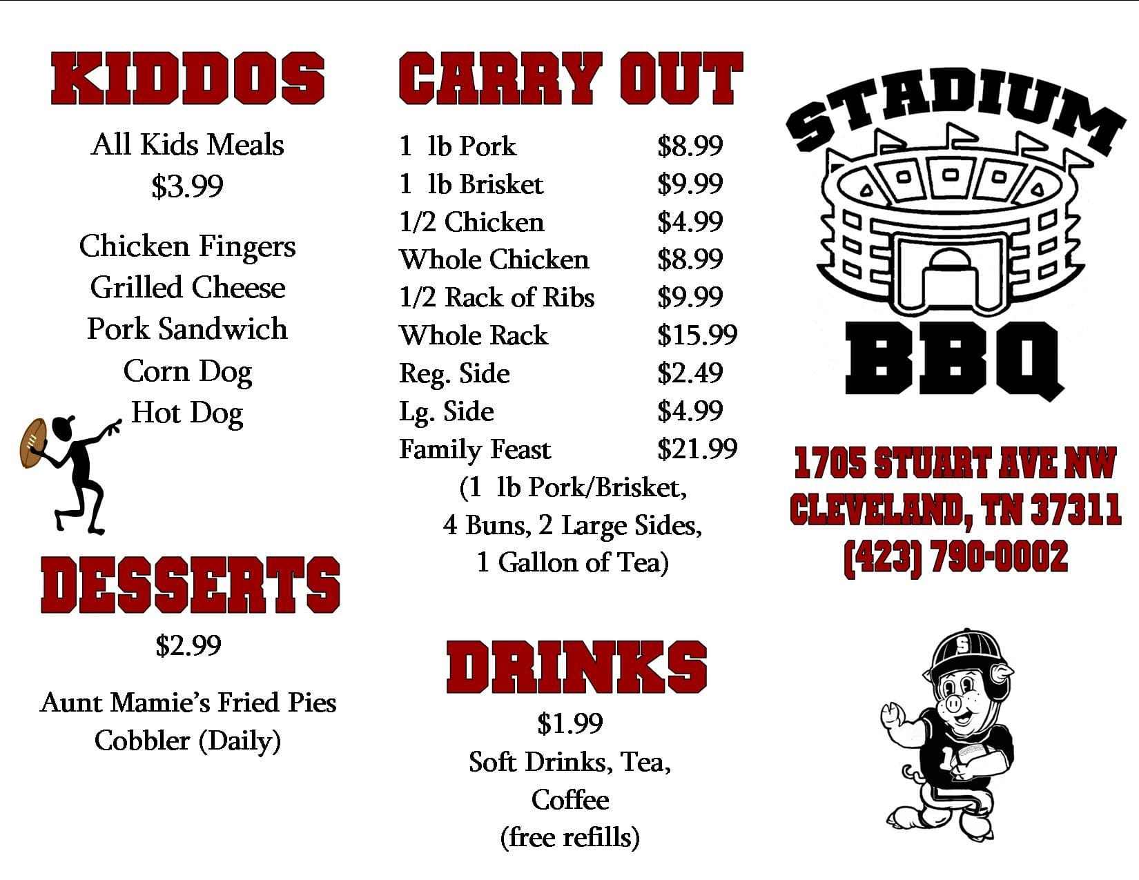 Menu at Stadium-Burgers, BBQ and Wings, Cleveland, 773 Keith St NW