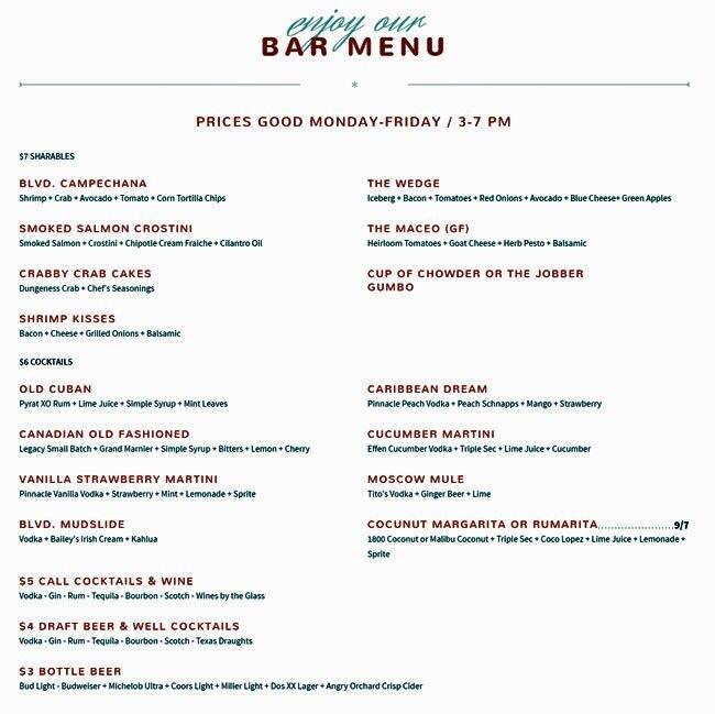 Menu at BLVD Seafood restaurant, Galveston