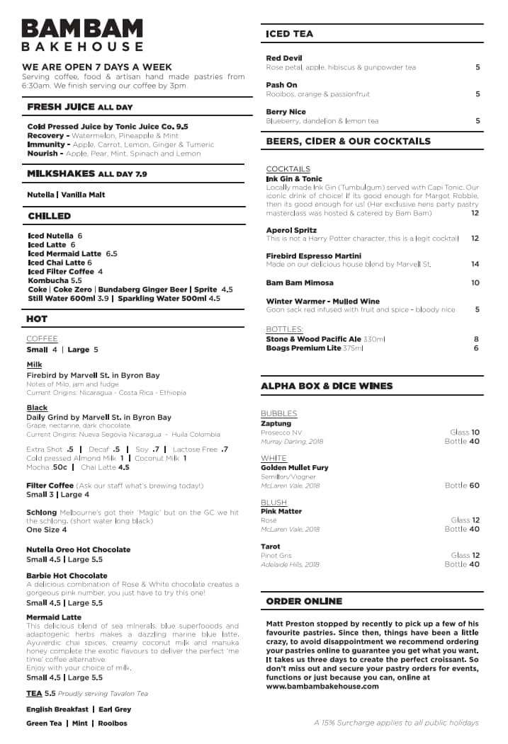 Menu at Bam Bam Bakehouse cafe, Mermaid Beach